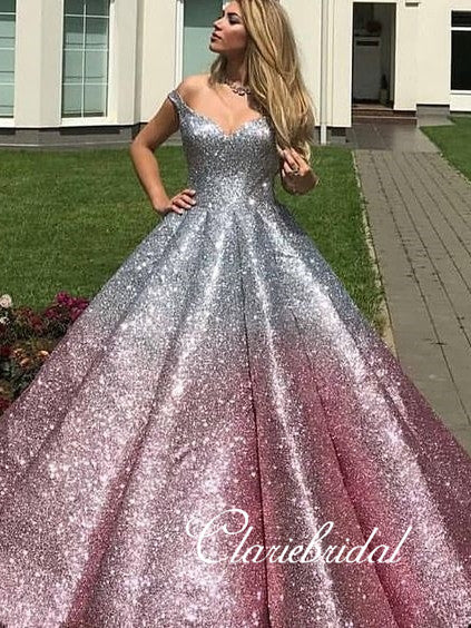 Off Shoulder Long Ball Gown Silver-Pink Sequin Prom Dresses, Ball Gown ...